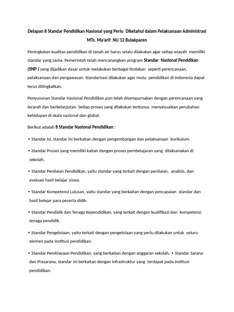 8 Standar Pendidikan Nasional di MTs | PDF