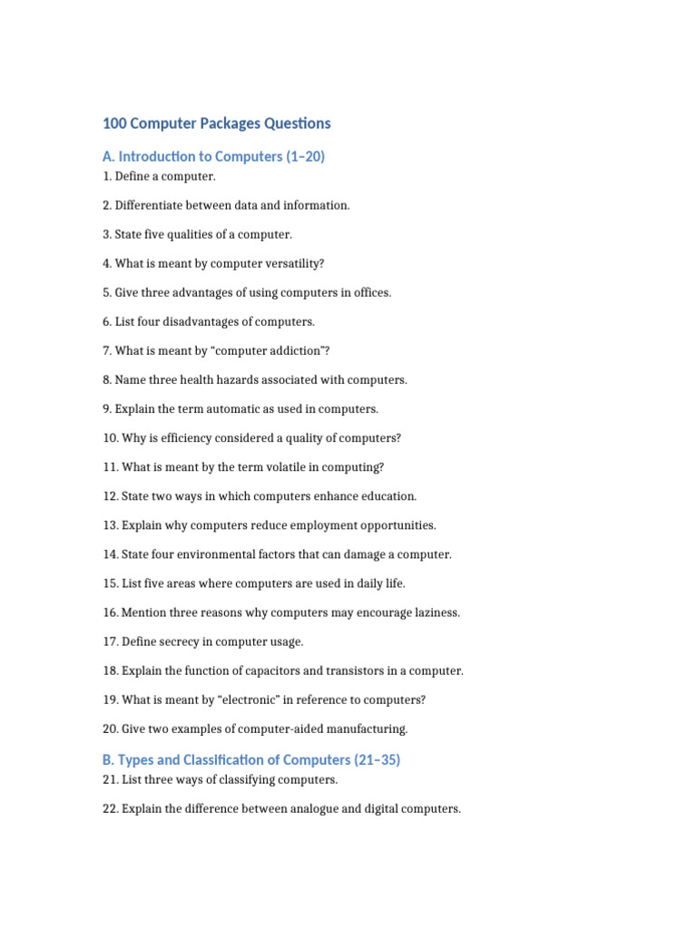 100 Essential Computer Package Questions | PDF | Computer Hardware ...