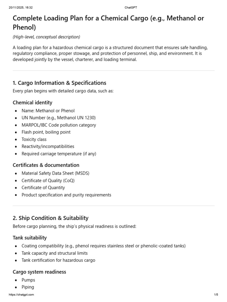 Complete Loading Plan For A Chemical Cargo (E.g., Methanol or Phenol ...