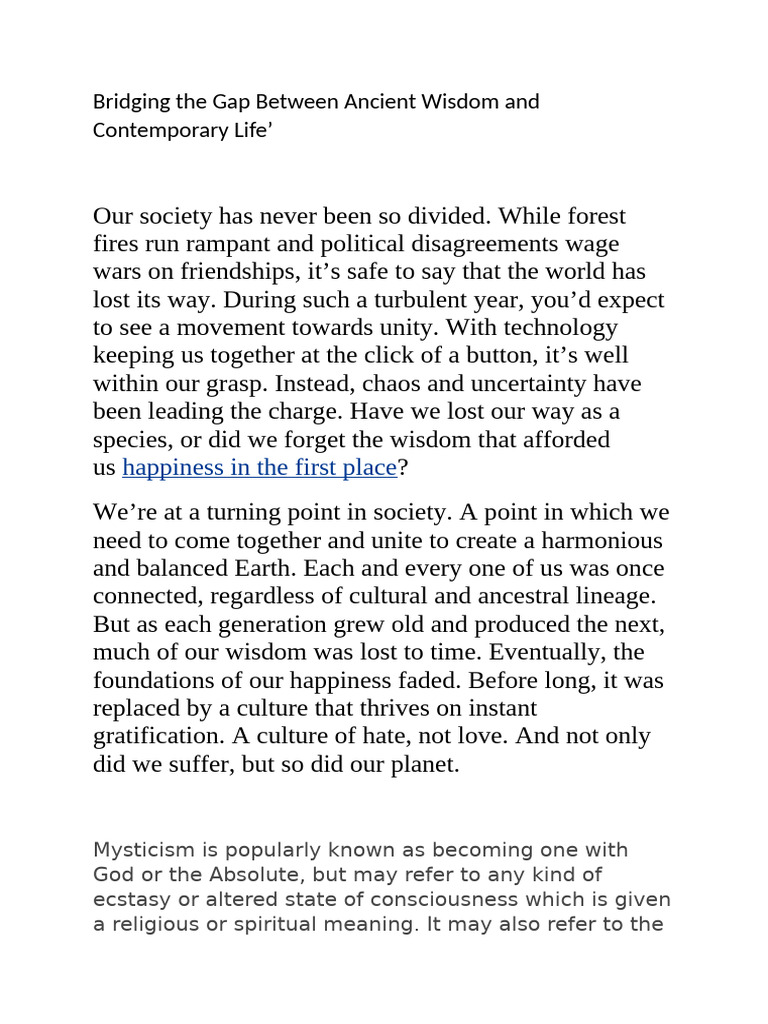 Bridging The Gap Between Ancient Wisdom and Contemporary Life | PDF ...
