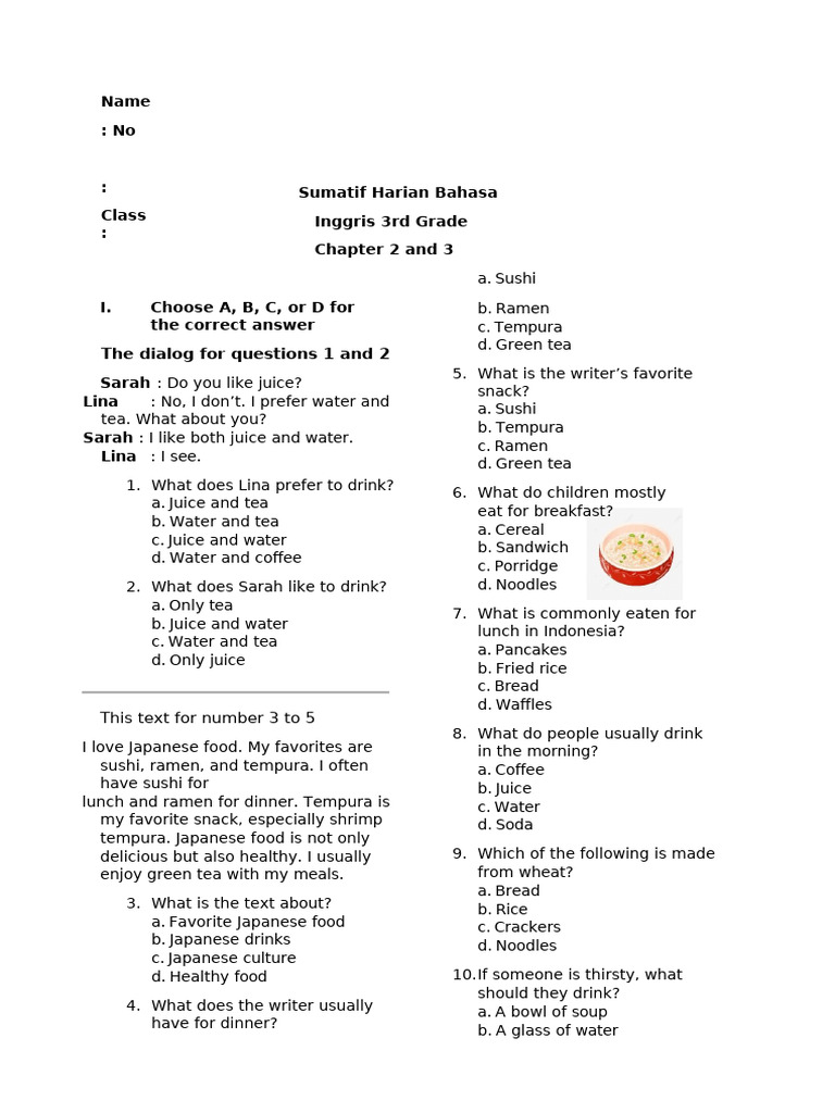 3rd Grade English Daily Assessment | PDF | Lunch | Japanese Cuisine