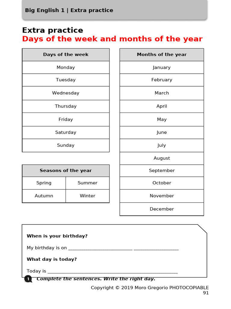 BE1 Extra Practice Days of The Week & Months of The Year | PDF
