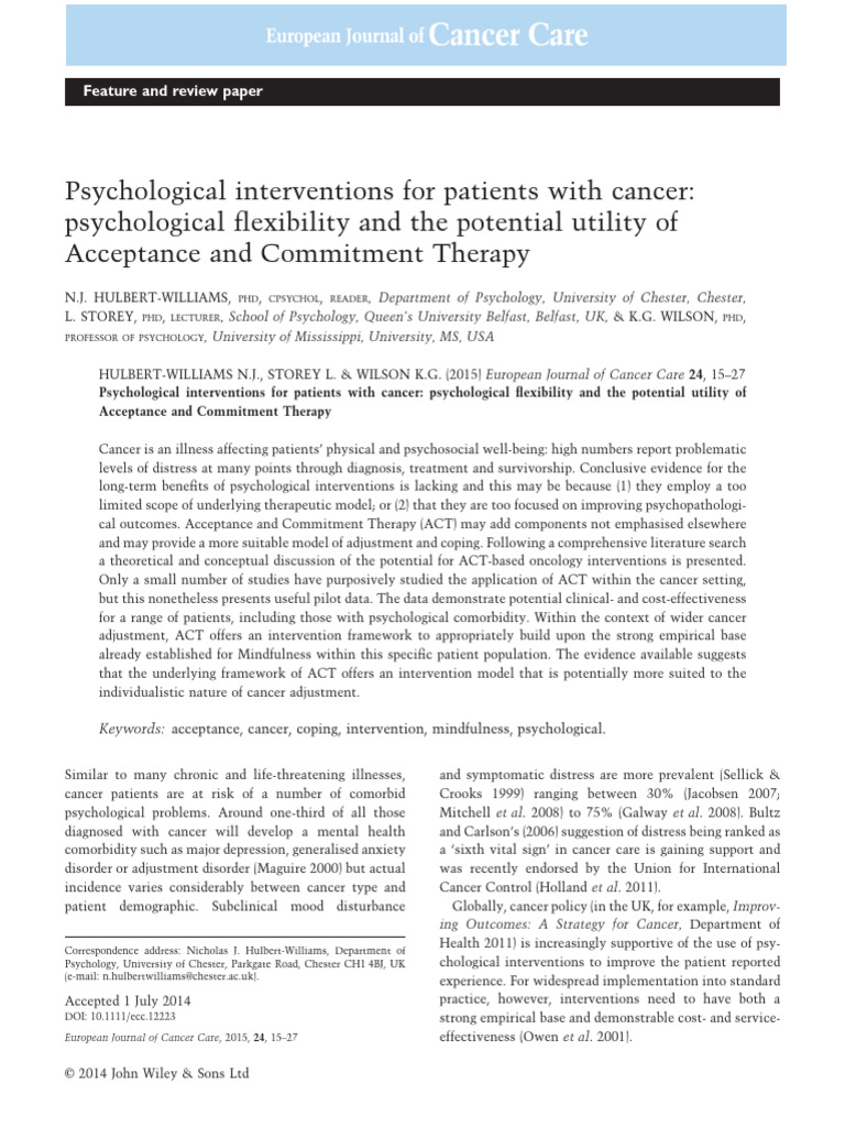 ACT for Cancer Patient Interventions | PDF | Cognitive Behavioral ...