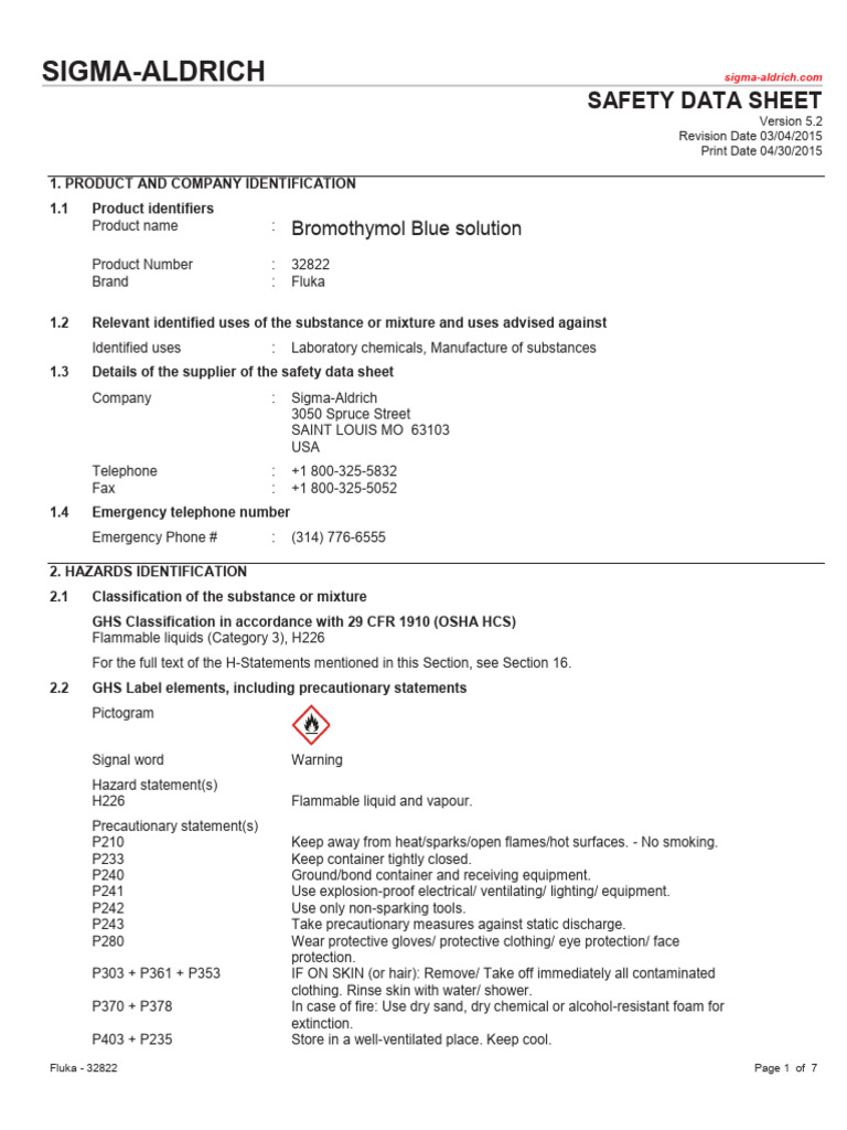 Bromothymol Blue Indicator SDS | PDF | Chemistry | Occupational Safety ...