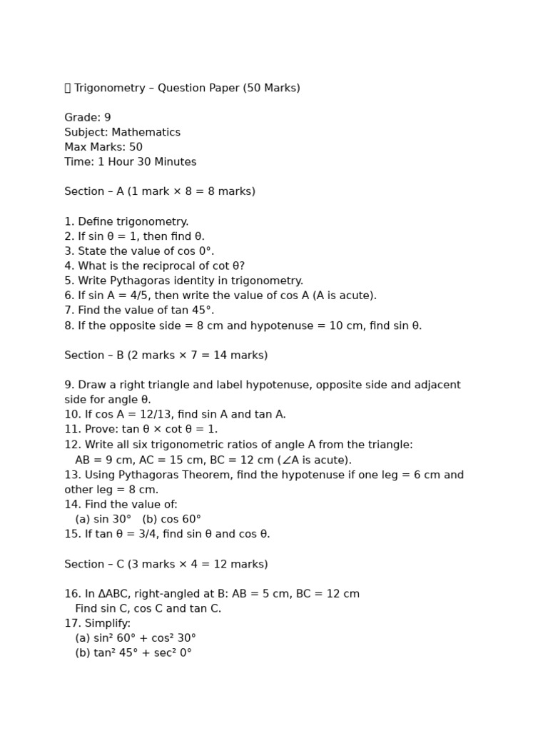 Trigonometry Garde 9th | PDF