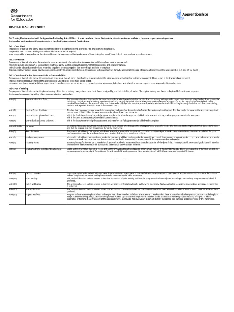 2023_10_Training_Plan_Template_-_23_24_Rules_v1.0 (1) | PDF | Apprenticeship | Employment