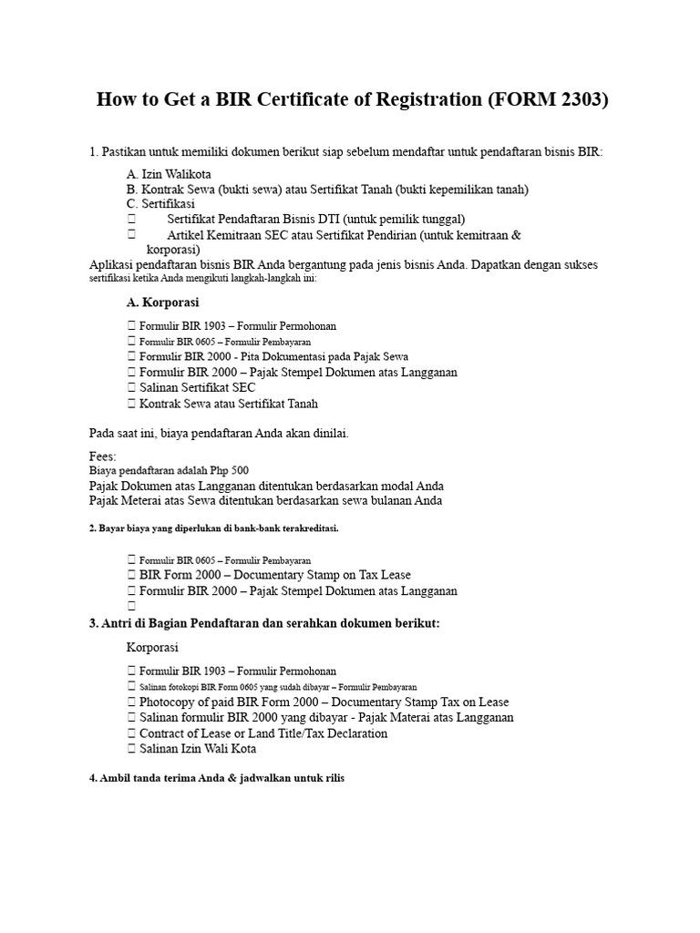 Panduan Pendaftaran BIR FORM 2303 | PDF