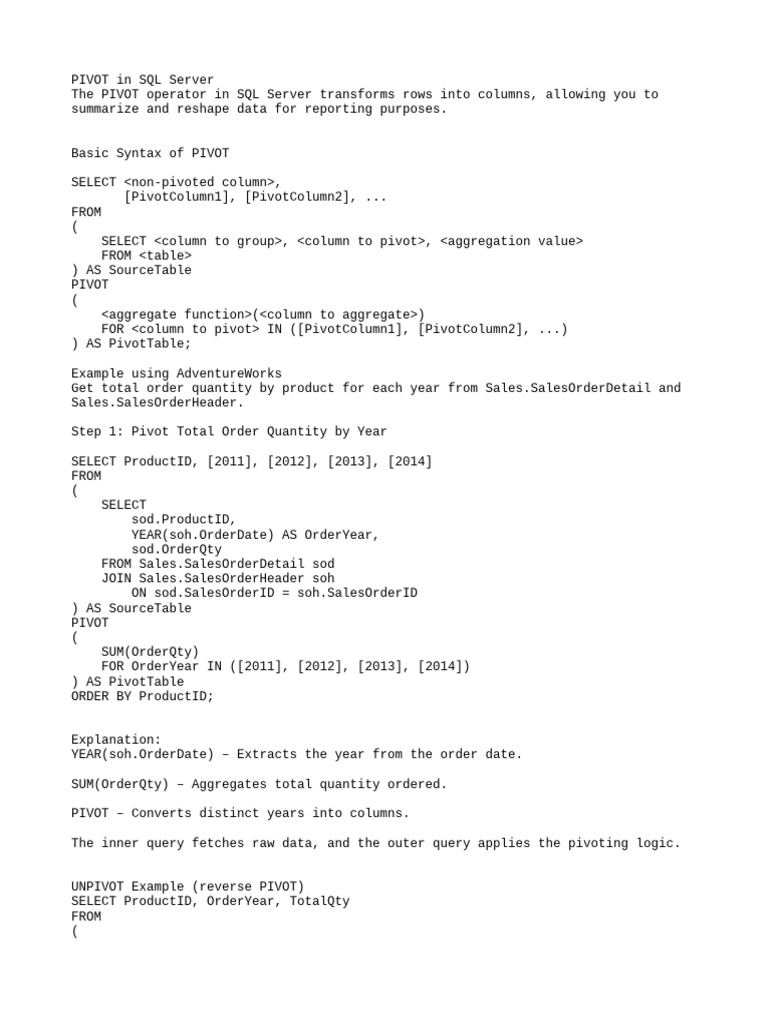 Pivot in SQL Server | PDF