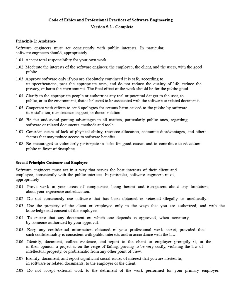 Software Engineering Code of Ethics and Professional Practices PDF ...