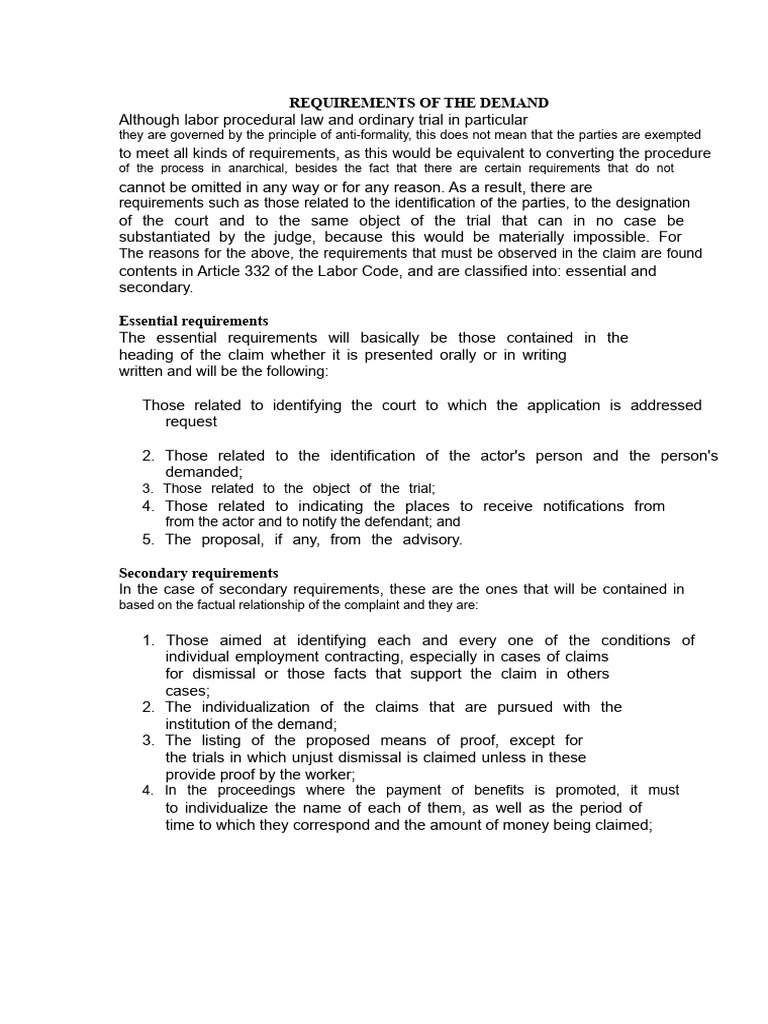 Essential and Secondary Requirements of The Claim (Labor Procedural ...