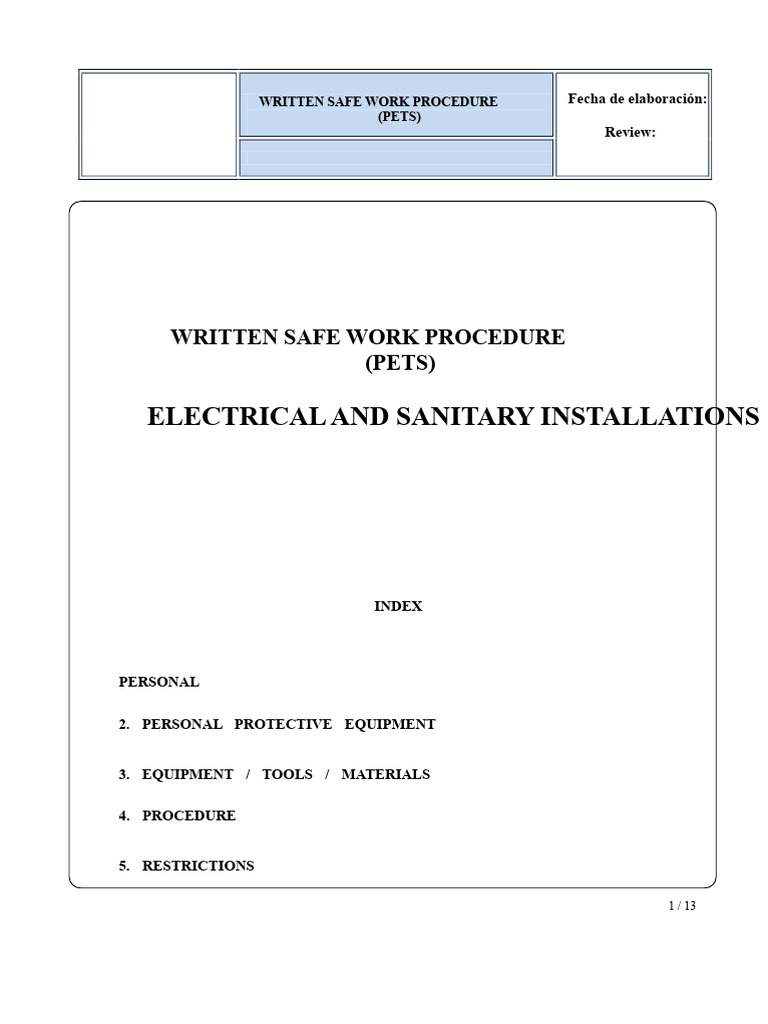 Procedure For Electrical and Sanitary Installations | PDF | Personal ...