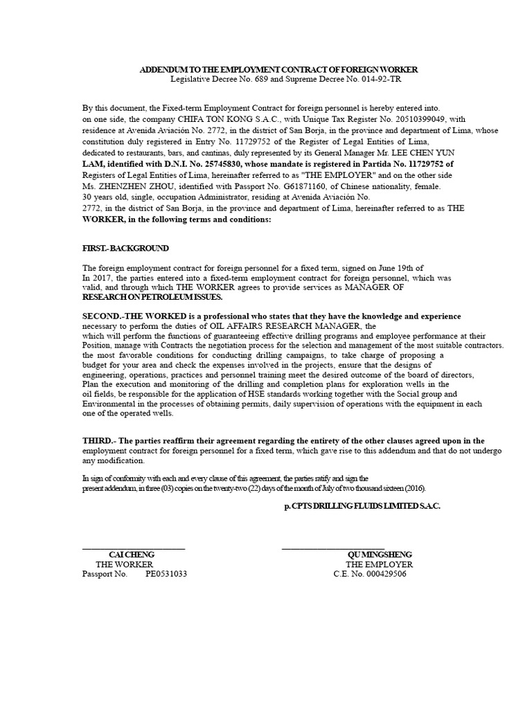 ADDENDUM TO The Employment Contract For Foreigners in Peru | PDF ...