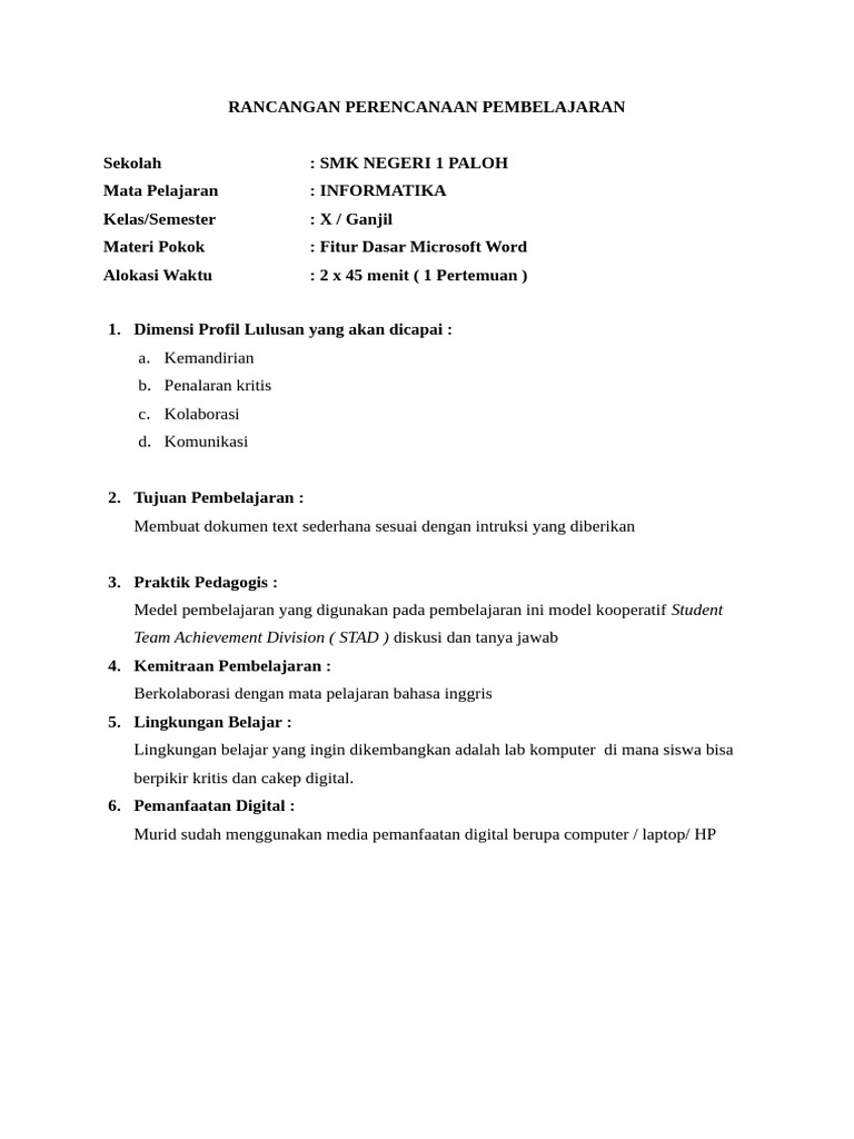 Rancangan Perencanaan Pembelajaran_ela | PDF