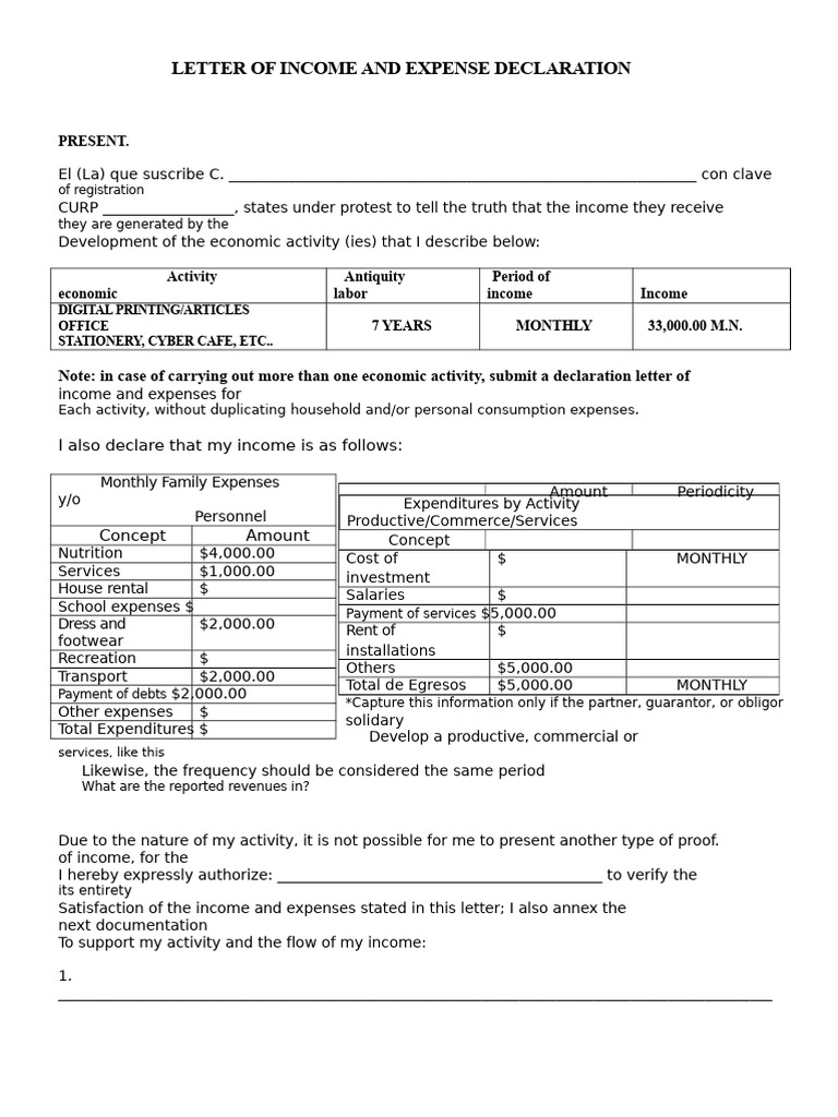 Letter of Income and Expenses Cyber | PDF | Expense | Income