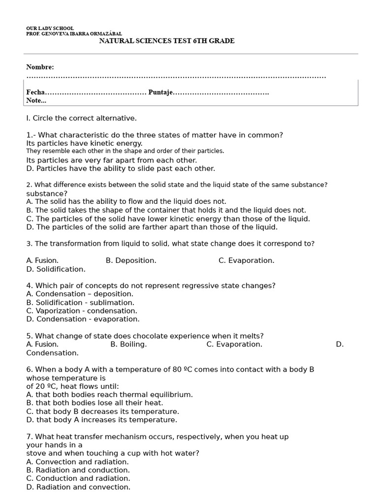 Test 6° Heat and Temperature | PDF | Heat Transfer | Heat