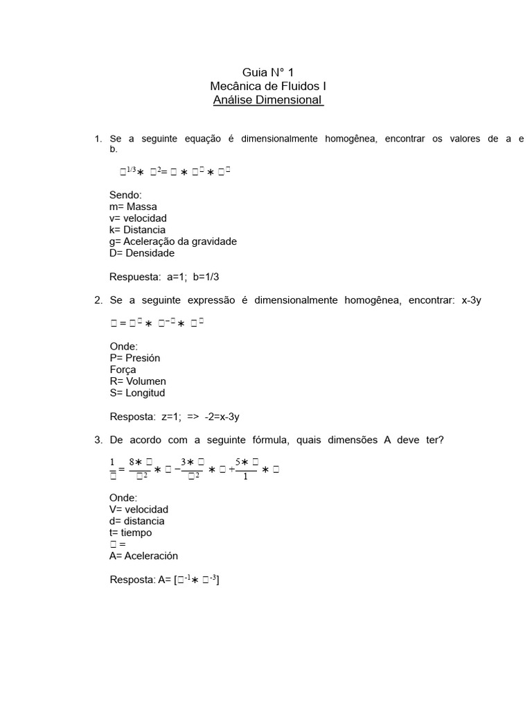 Guia N°1 Análise Dimensional | PDF | Velocidade | Densidade