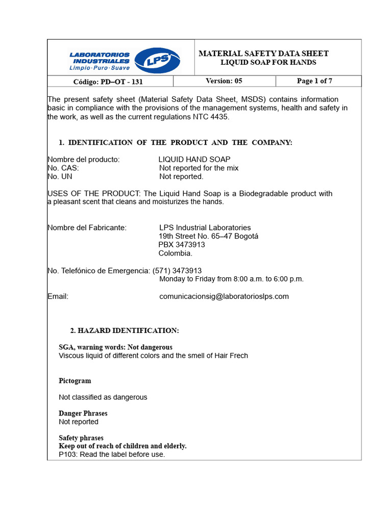 Safety Data Sheet Liquid Soap For Hands PDF | PDF | Firefighting | Fires