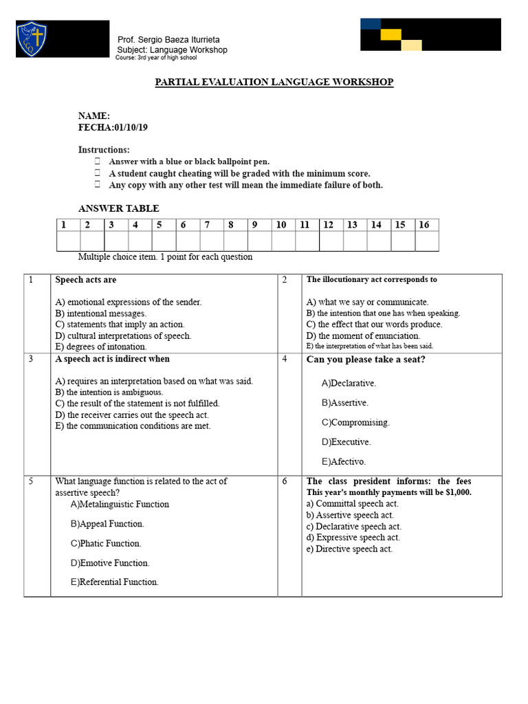Language Workshop Evaluation Guide | PDF | Question | Speech