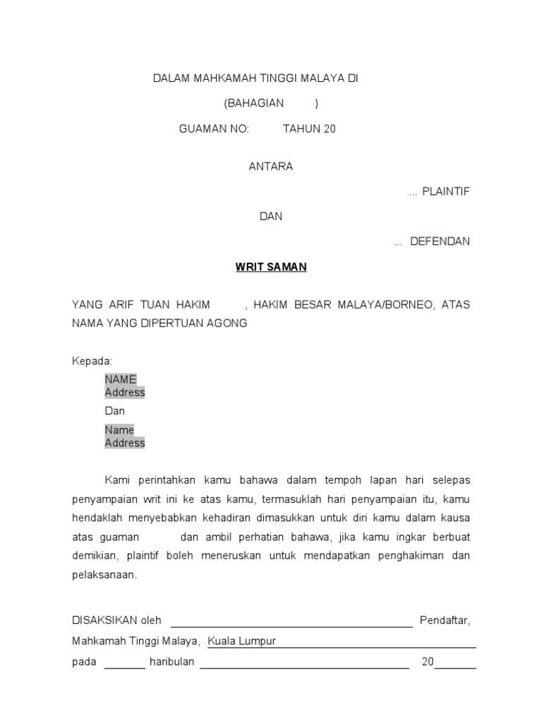 Form 2 Writ of Summons (Borang 2 Writ Saman) | PDF