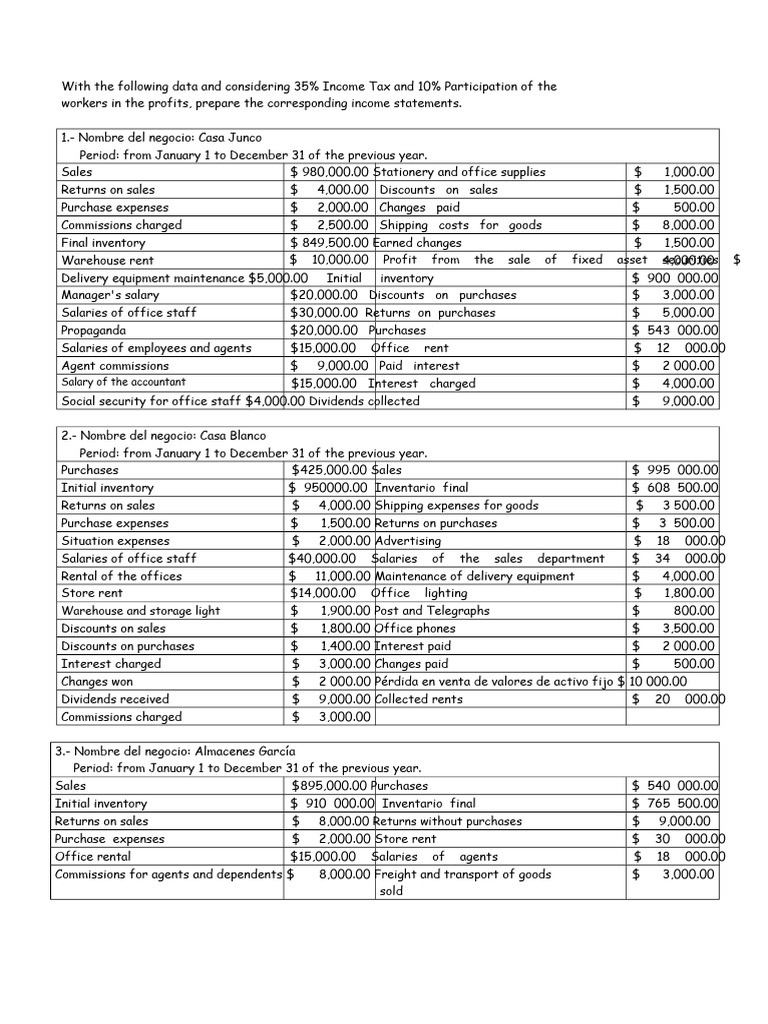 Income Statement Exercises | PDF | Expense | Inventory
