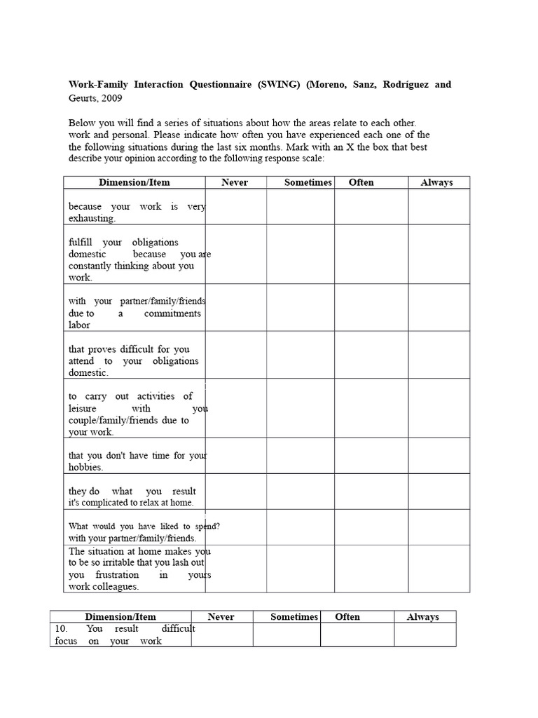 Work-Family Interaction Questionnaire | PDF | Psychology ...