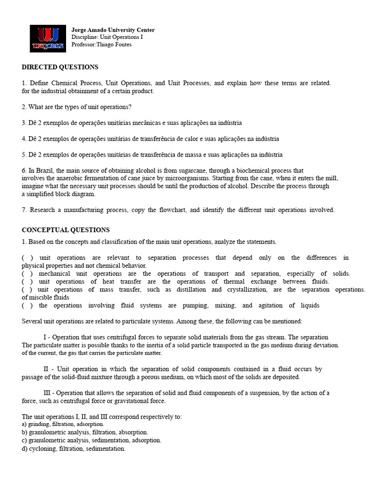 Exercise List - Introduction To Unit Operations | PDF | Filtration ...