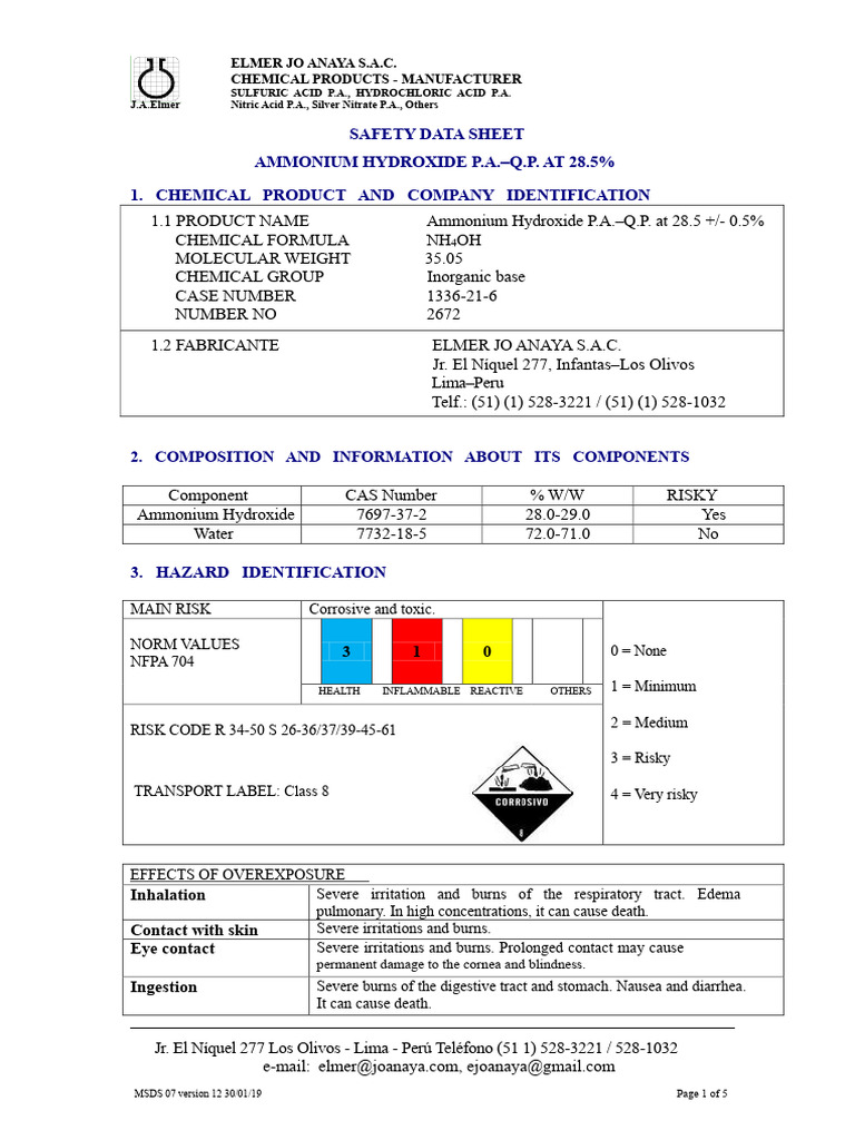 Ammonium Hydroxide Safety Data Sheet | PDF | Ammonia | Oxide