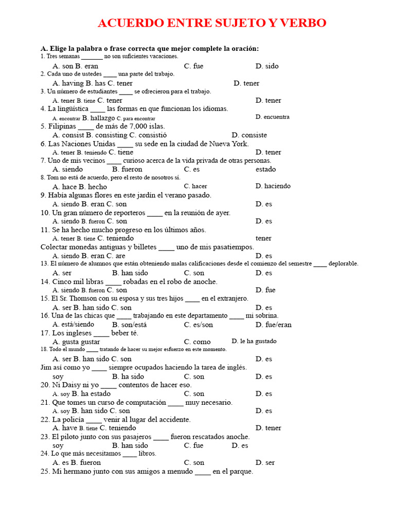 Ejercicio de Concordancia Entre Sujeto y Verbo | PDF | Verbo | Asunto ...