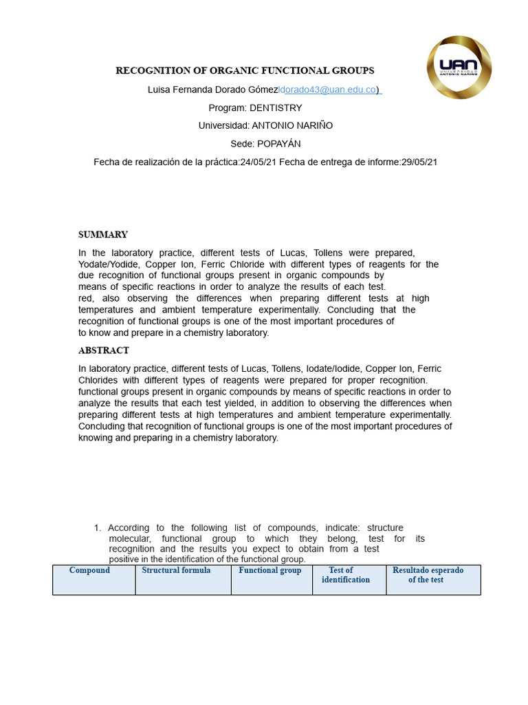 Organic Functional Groups Recognition Tests | PDF | Aldehyde | Ketone