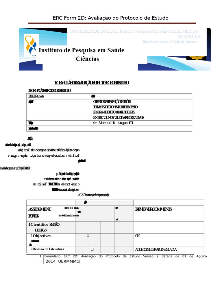 Protocolo de Estudo da Avaliação do Formulário Erc 2 d v2-0 | PDF ...