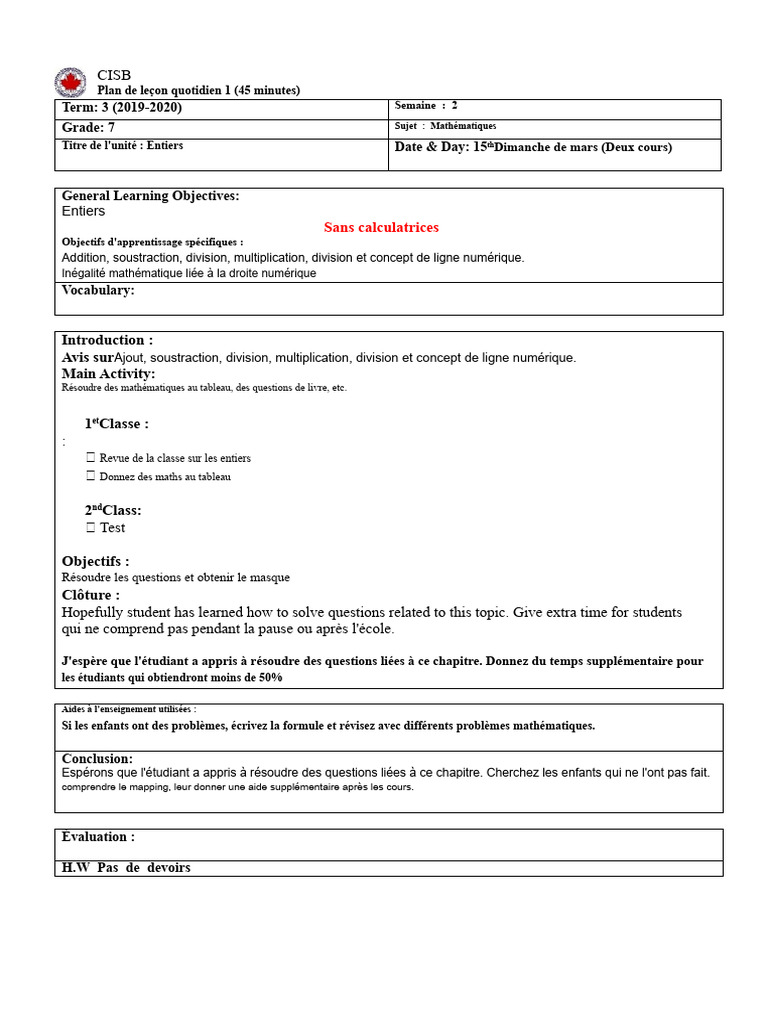 Plan de leçon mathématiques 7e année | PDF | Mathématiques