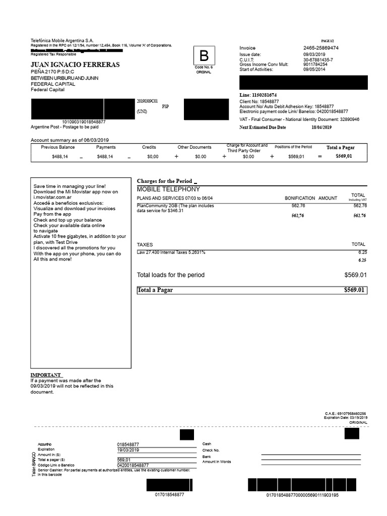 Movistar Argentina Invoice Summary | PDF | Invoice | Receipt