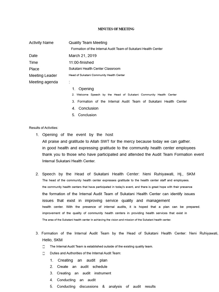 Minutes of The Formation of The Internal Audit Team | PDF | Business
