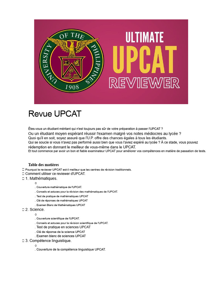 Guide complet pour réussir l'UPCAT | PDF | Mathématiques | Chimie