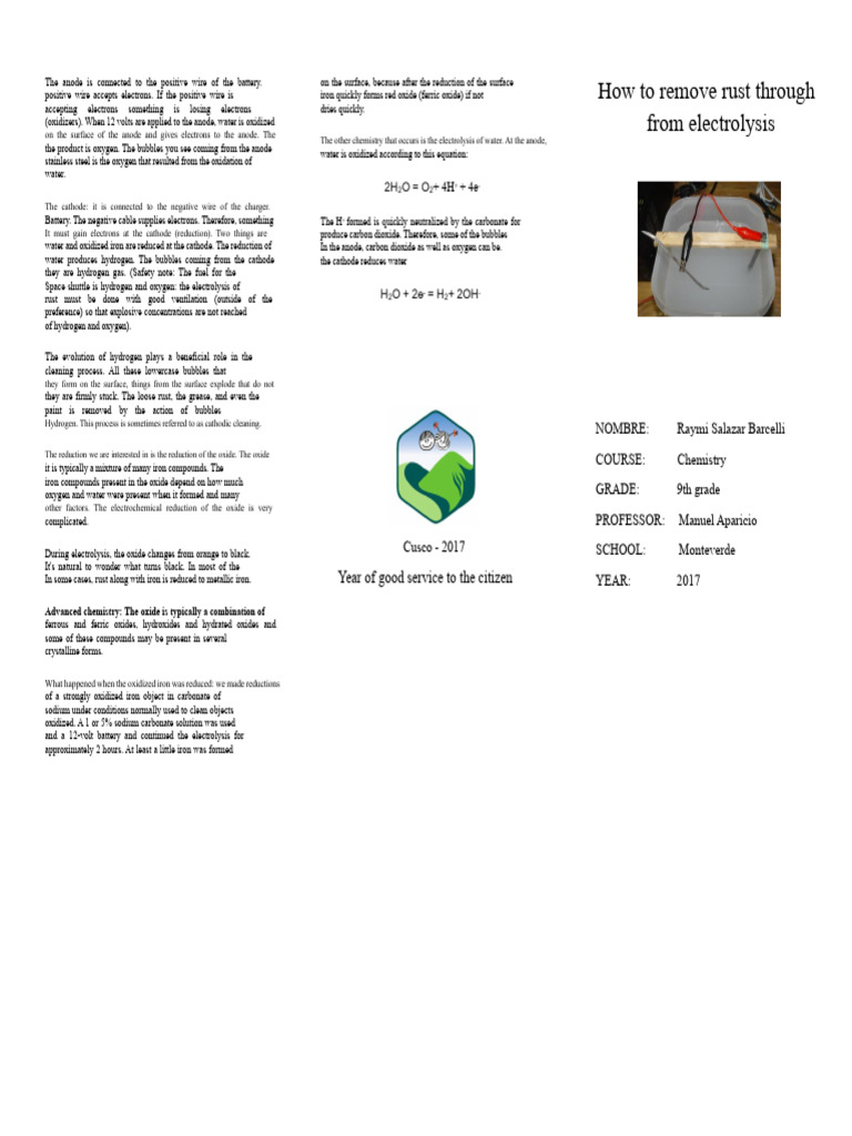 Electrolysis for Rust Removal Process | PDF | Redox | Rust