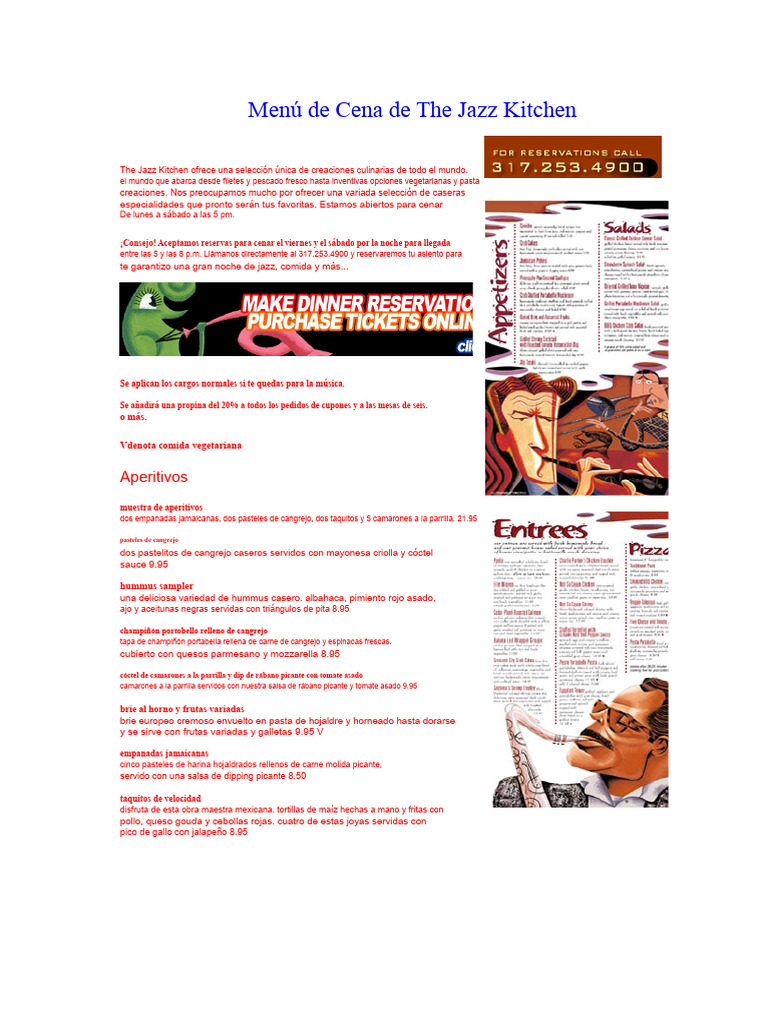 Menú de Cena en The Jazz Kitchen | PDF | ensalada | pesto
