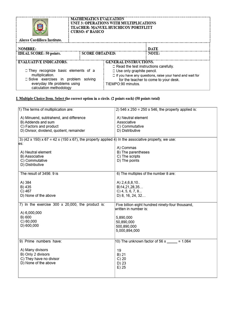 Math Evaluation: Multiplication Operations | PDF | Multiple Choice ...