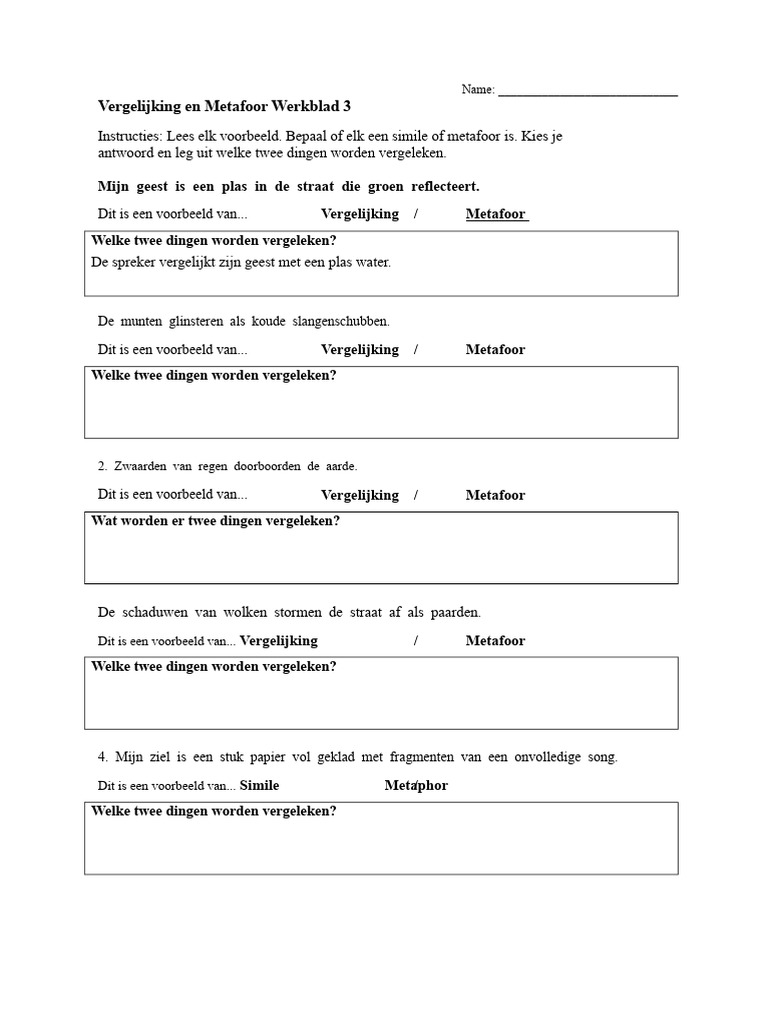 Simile en Metafoor Werkblad 03 | PDF