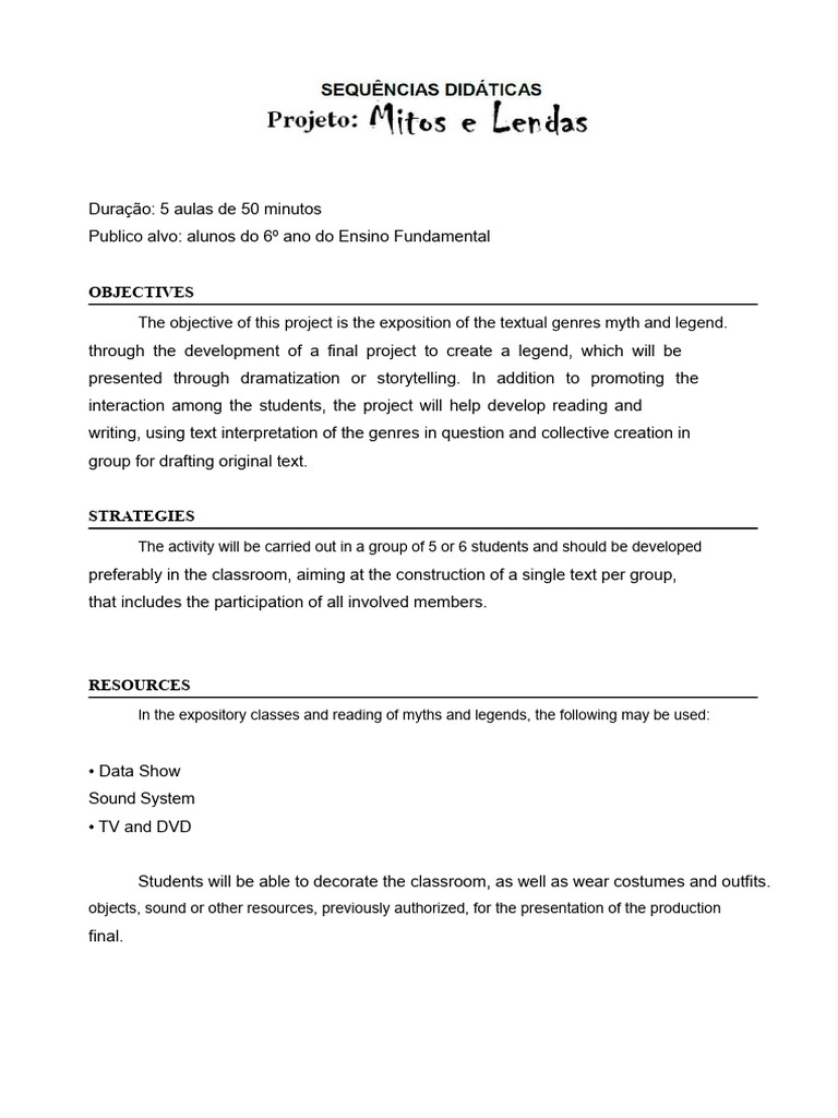 Didactic Sequences - Project Myths and Legends - FINAL | PDF | Legends ...