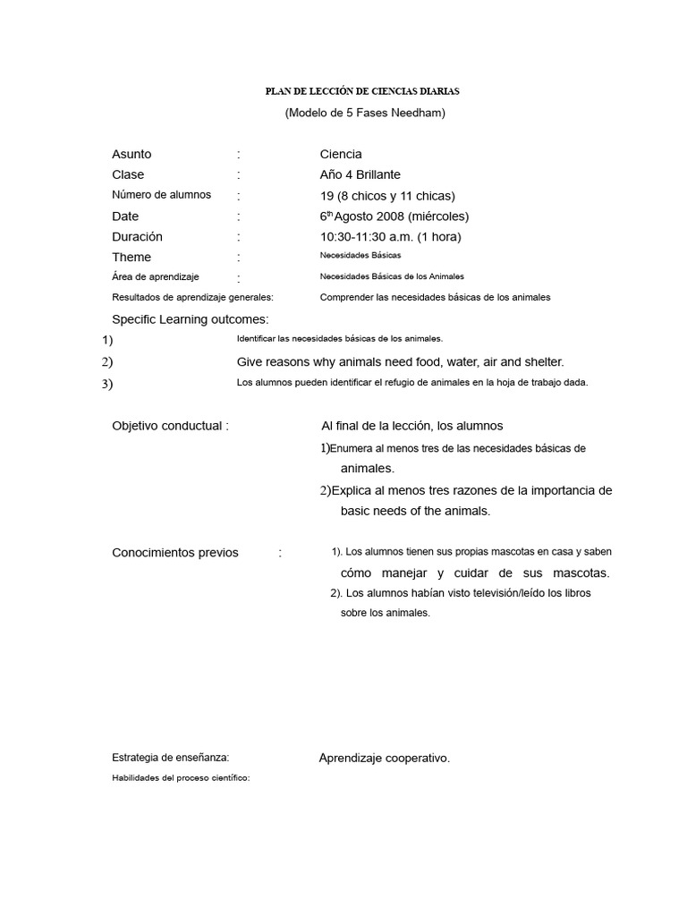 Plan de Lección de 1 Hora - Modelo de Needham en 5 Fases | PDF | Aprendizaje | Enseñando