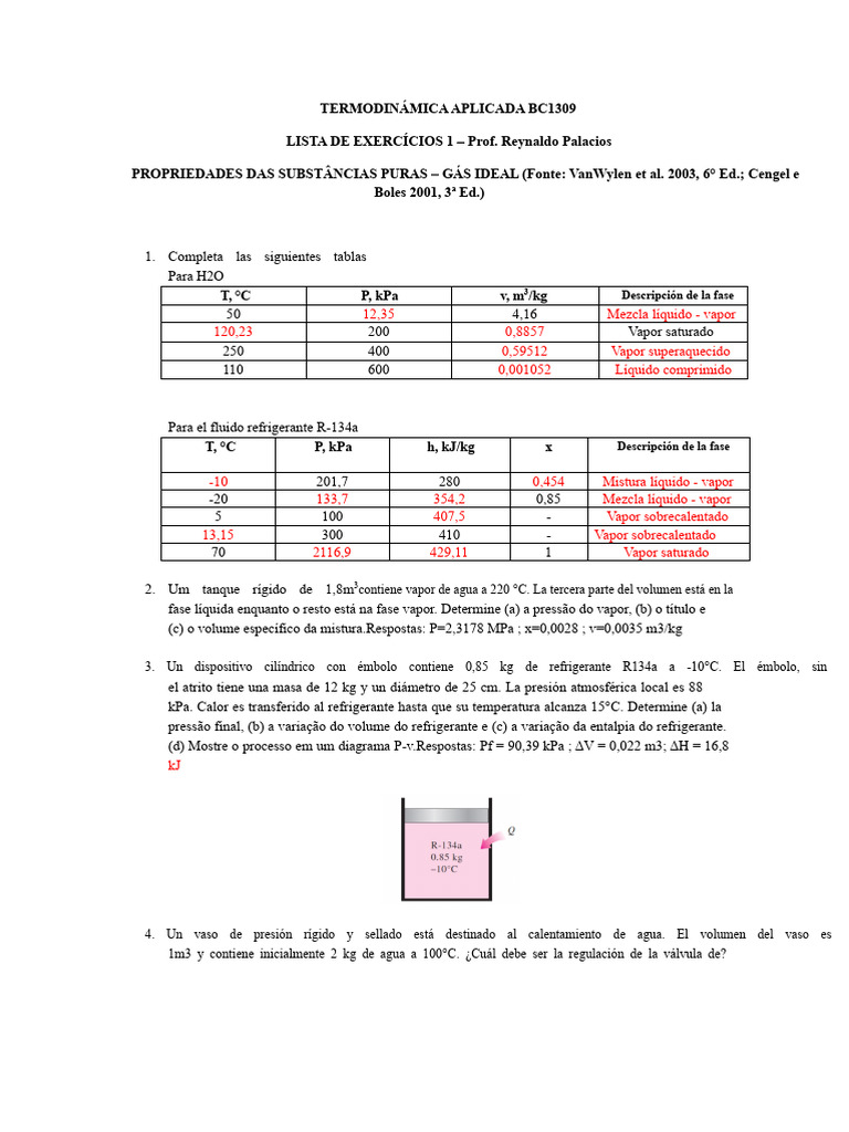 Lista 1 de Ejercicios de Termodinámica Con Respuesta | PDF | Vapor | Presión