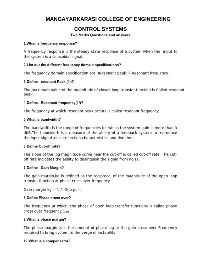 CS 2marks | PDF | Control Theory | Stability Theory