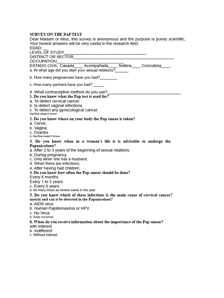 Survey About The Pap Smear Test | PDF | Cervical Cancer | Human Sexuality