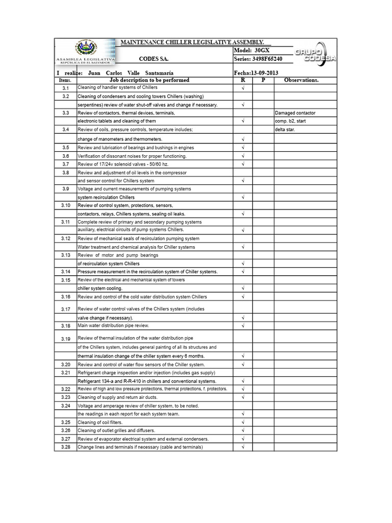 Chiller Preventive Sheet | PDF | Mechanical Engineering | Home Appliance