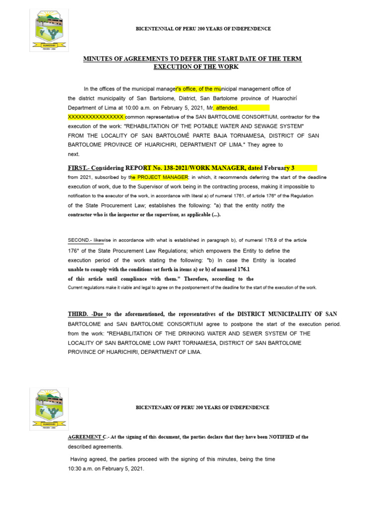 Minutes of Agreements To Defer The Start Date of The Execution Period ...