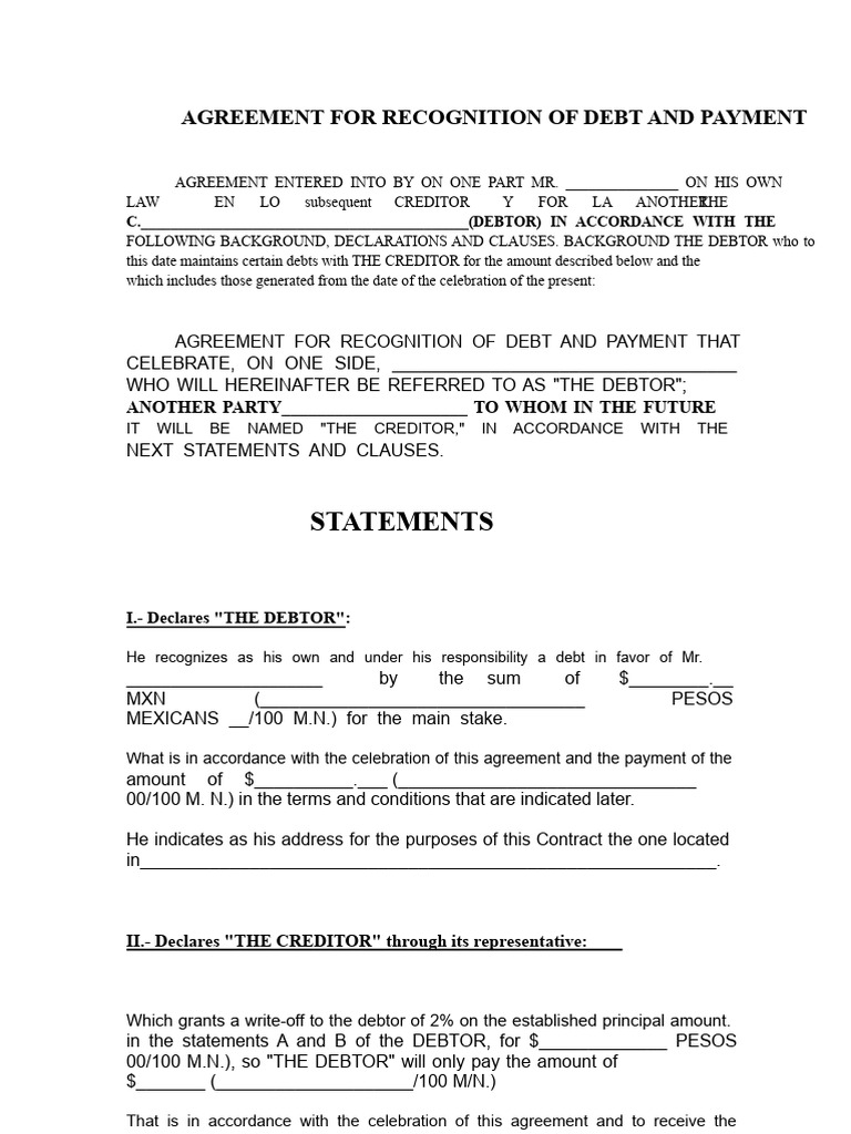 Debt Recognition and Payment Agreement | PDF | Debtor | Debt