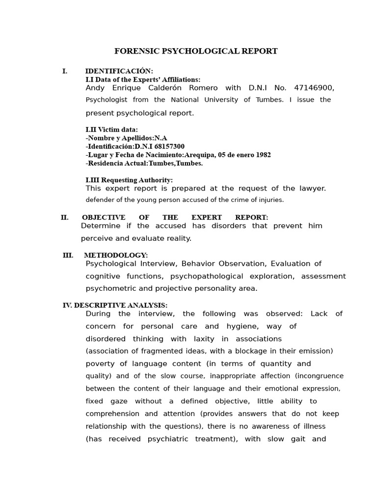 Forensic Psychological Report Case N°01 | PDF | Psychology | Mental ...