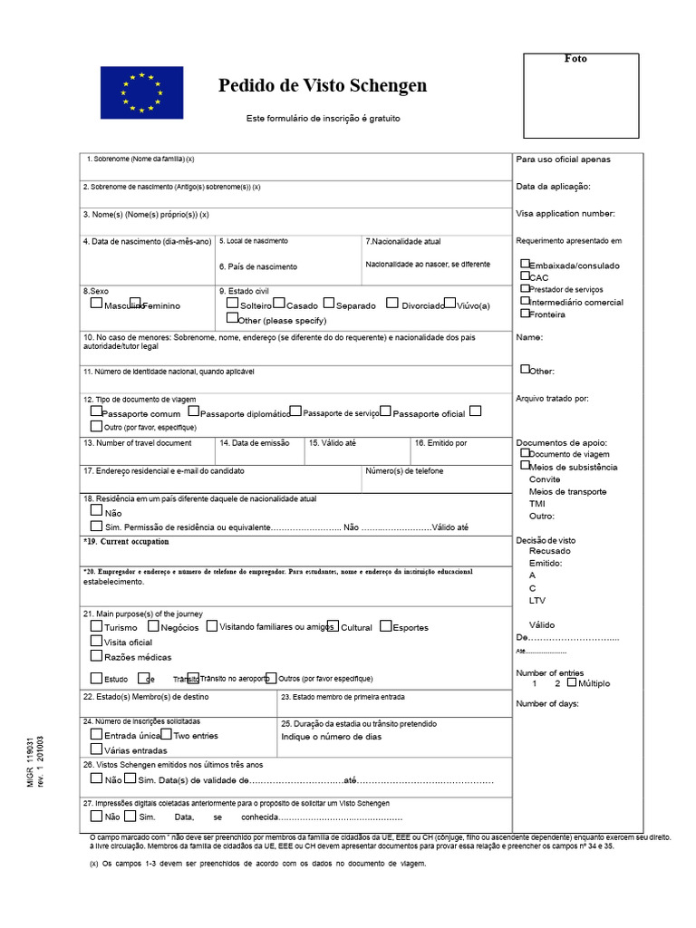 Formulário de Pedido de Visto Schengen | PDF | Visto para viagem ...