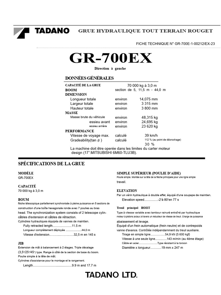 Grue Hydraulique Tout Terrain GR-700EX | PDF | Frein | Piston