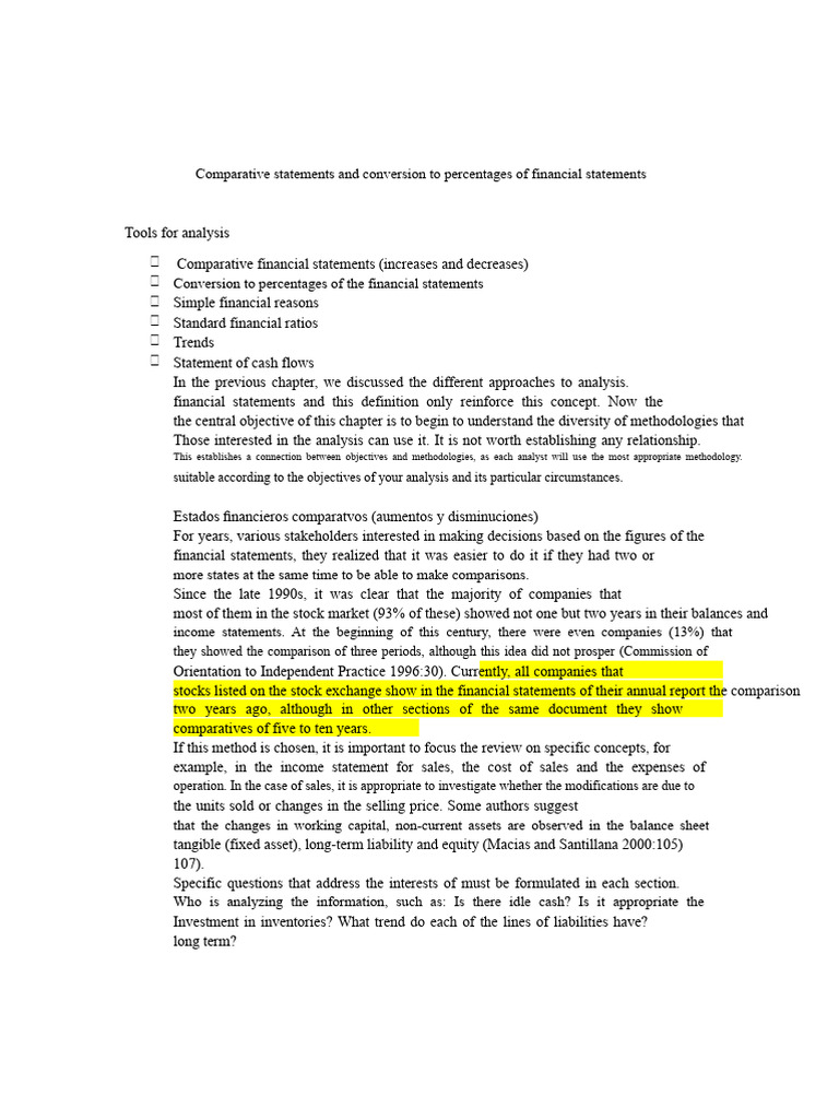 F) Comparative Statements and Conversion To Percentages of Financial ...